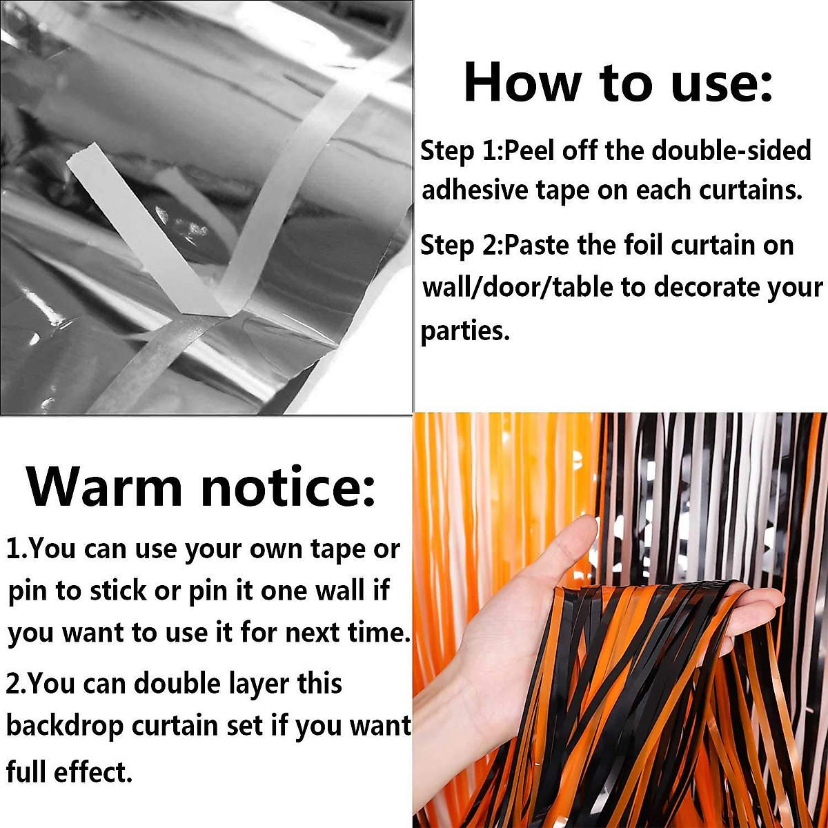 3 Packs 3.3ft x 6.6ft Orange Black Metallic Tinsel Foil Fringe Curtains Photo Booth Props for Halloween Birthday Bridal Shower Baby Shower Bachelorette Holiday Celebration Party Decorations