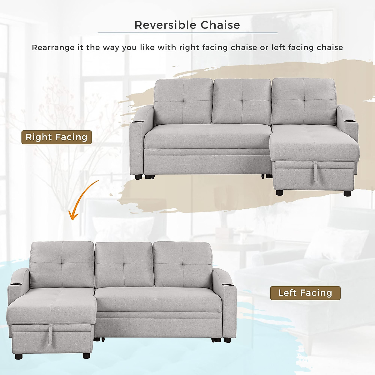 Merax 81inch Reversible Sleeper Sectional Sofa with Storage and 2 Cup Holder -Contemporary Corner Sectional with Pull-Out Sleeper and Chaise,3 Seat Sectional Sofa with Storage