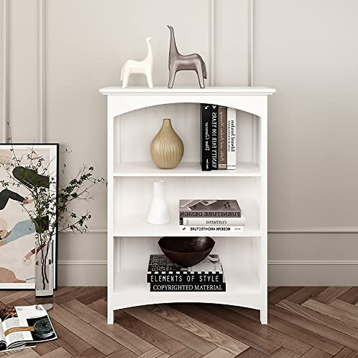 eHemco 3 Tier Bookcase with 2 Arched Supports, 40 Inches, White