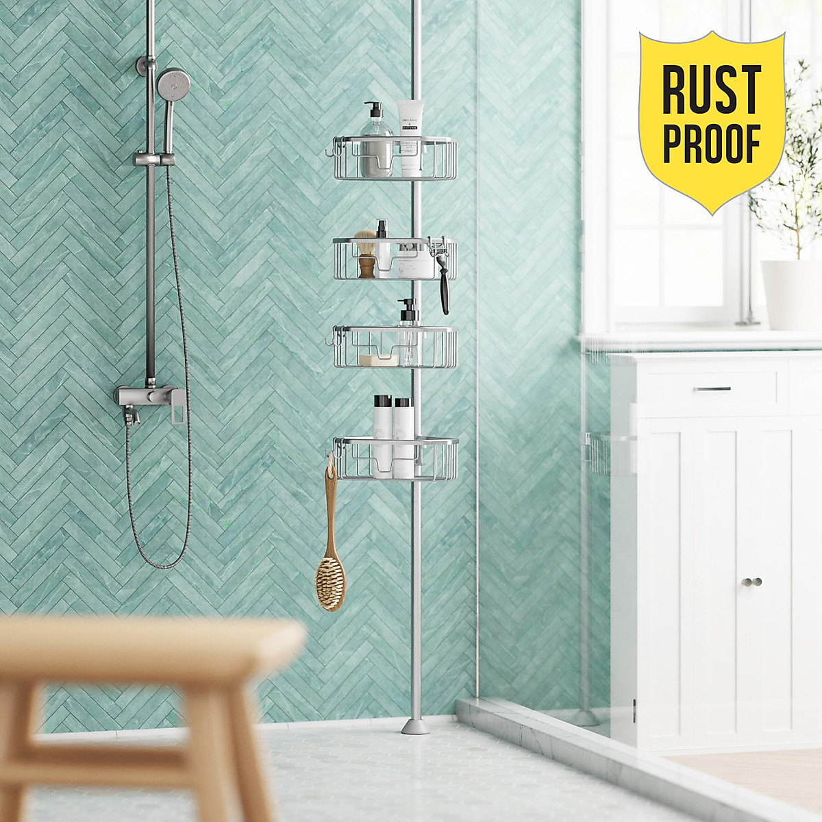 Zenna Home Tension Pole Shower Caddy with 4 Shelves and Hooks, Satin Chrome, 60-108 Inch – Rustproof Standing Corner Shower Organizer Shelf – Sturdy Adjustable Shower Rack for Bathroom Essentials