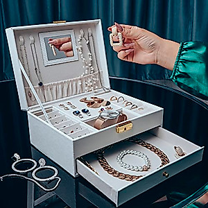 NUCAZA Jewelry Box For Women Girls With Mirror, 2-Layers Large Jewelry Organizer Box for Earrings, Necklaces, Bracelets & Rings - Travel Jewelry Case, Jewelry Holder Storage, Gifts For Women White