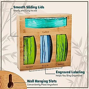 Carnation Brands Bamboo Ziplock Bag Organizer for Drawer - Rustic Brown Dispenser Kitchen Organization Pre-Assembled Baggie Storage to Minimize Clutter 12-''x12-''x3-''