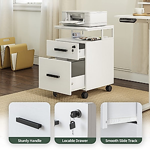 FEZIBO 2-Drawer File Cabinet with Lock for Home Office, Rolling Filing Cabinet, Under Desk Home Office File Cabinet for A4, Letter Size, Printer Stand, Wooden Storage Mobile File Cabinet, White