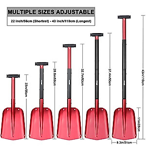 43" Aluminum Snow Shovel for Car Trunk Emergency, 4 Sections Collapsible Design Garden/Sport Utility Shovel Portable Snow Scoop Sand Mud Snow Removal Tool for Camping & Outdoor Activities (Red)