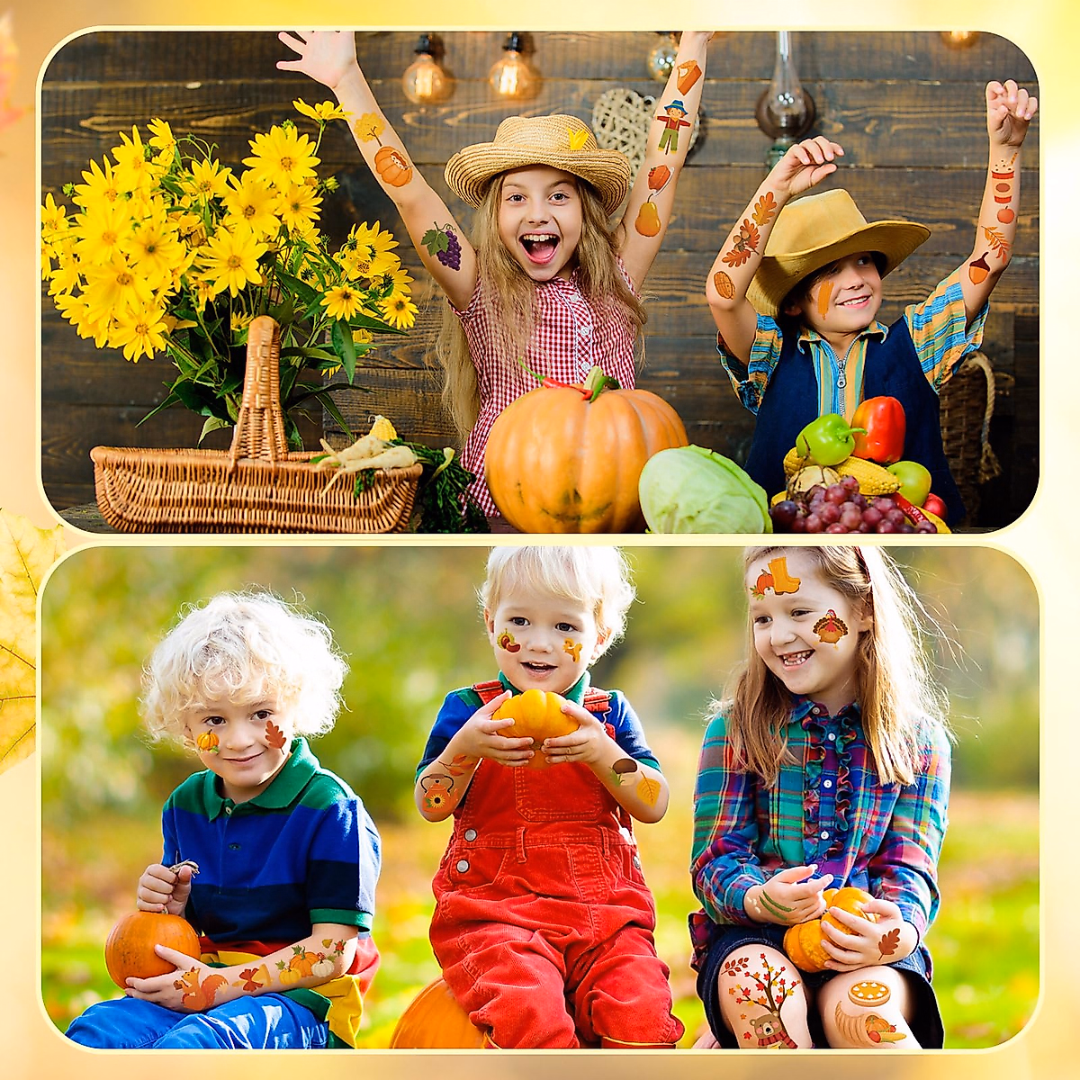 Lincia 120 Sheets Fall Thanksgiving Temporary Tattoos for Kids 24 Styles Kids Autumn Temporary Tattoos Stickers Turkey Pumpkin Leaves Harvest Face Carnival Tattoos for Children Theme Party Supplies