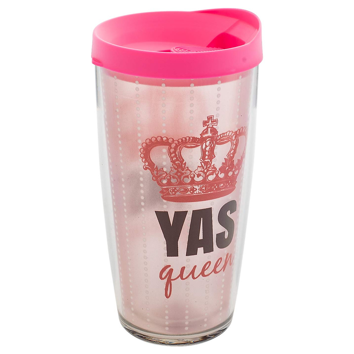 Signature Tumblers Yas Queen Wrap on Clear 16 Ounce Double-Walled Travel Tumbler Mug with Fuchsia Easy Sip Lid