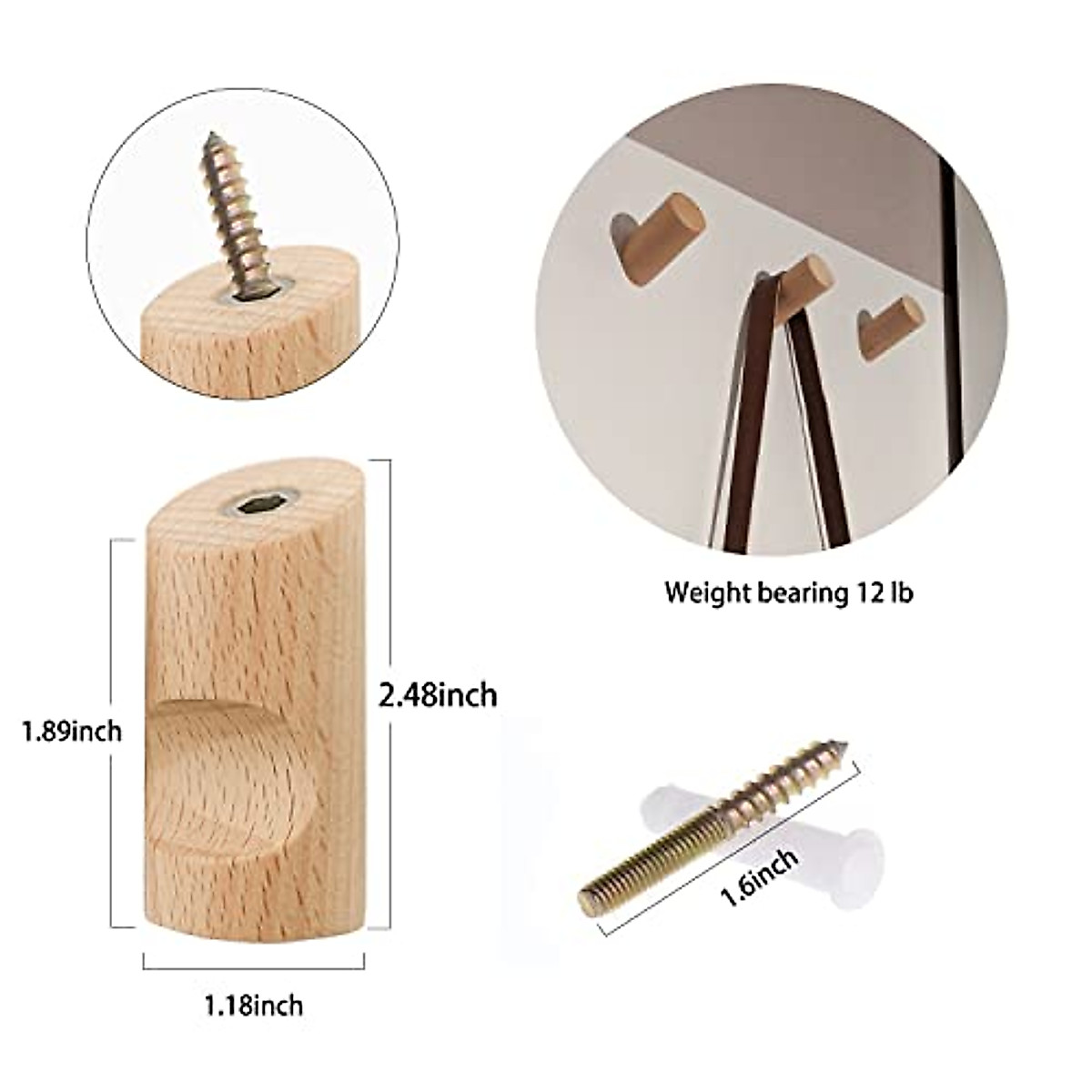 LoengMax Wood Wall Hooks,1 Pack Coat Hooks Wall Mounted, Modern Hat Hooks for Wall, Wall Hanger for Hanging Coat Towel Hat Bag Robe Jacket Clothes (Beech Wood)