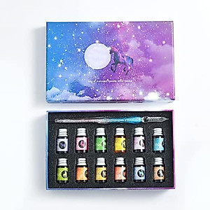 LCMine 2023 Calligraphy Glass Dip Pen Ink Set - Elegant & Beautiful Borosilicate Glass Pen Set - Crystal Vintage Glass Dip Pen for Art, Writing (Formal Version(13PCS, 12Pcs Ink+1Pc Pen)),Light Blue