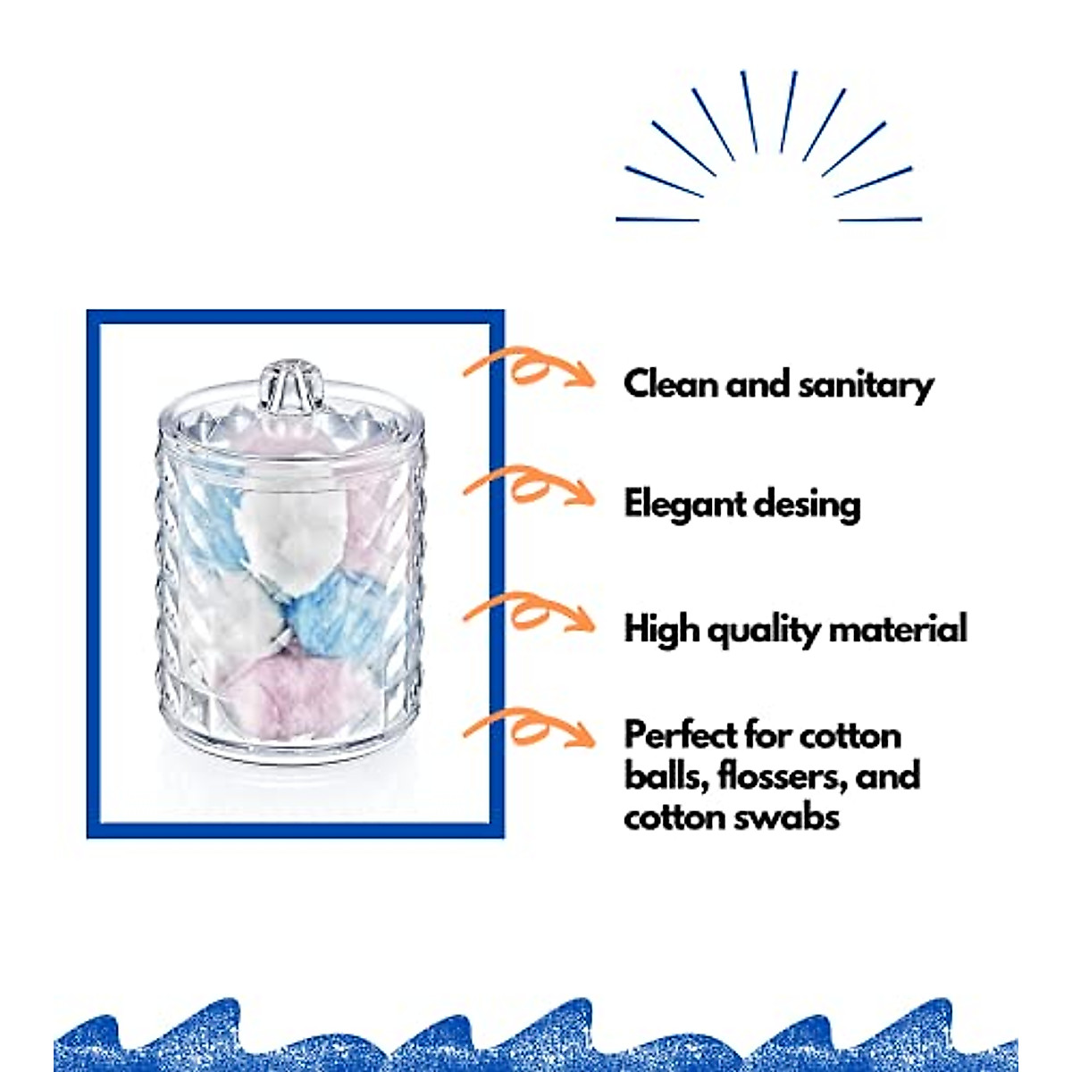 Bremen Home 2 Pack Cotton Ball Swab Pad Holders Diamond Design Acrylic Qtips Jar, Floss Picks, Bath Salts, Makeup, Bathroom Organizer Storage Dispenser