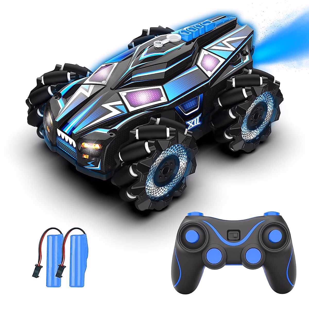 HR Fog Remote Control Car for Kids High Speed LED Light Race RC Car,Rear Fog Stream 4WD 2.4GHz Double Sided Rotating 360Flips Vehicles, Birthday Gifts for Boys and Girls (Blue)