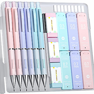FourCandies Pastel Mechanical Pencil Set - 6PCS 0.5mm&0.7mm Mechanical Pencils with 360PCS HB Lead Refills, 3PCS Erasers and 9PCS Eraser Refills, Cute Colored Mechanical Pencils for Drawing & Writing