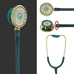 RCSP Acoustic Stethoscope Brass Ring For Medical Students, Nurses & Doctors, Lightweight ChestPiece with Latexfree Tube & Soft Sealing Ear Knobs Cardio SS Gold (GREEN)