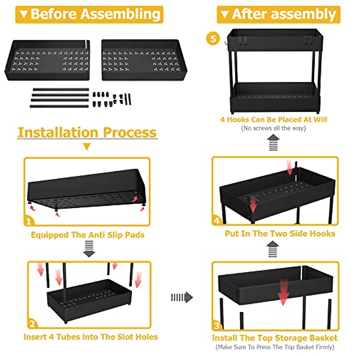 Gadhra Under Sink Organizers And Storage, 2 Tier Under Bathroom Cabinet Basket Organizer Drawer with Hooks,Bathroom Cabinet Organizer and Undersink Organizers,Multi-purpose Storage Shelves