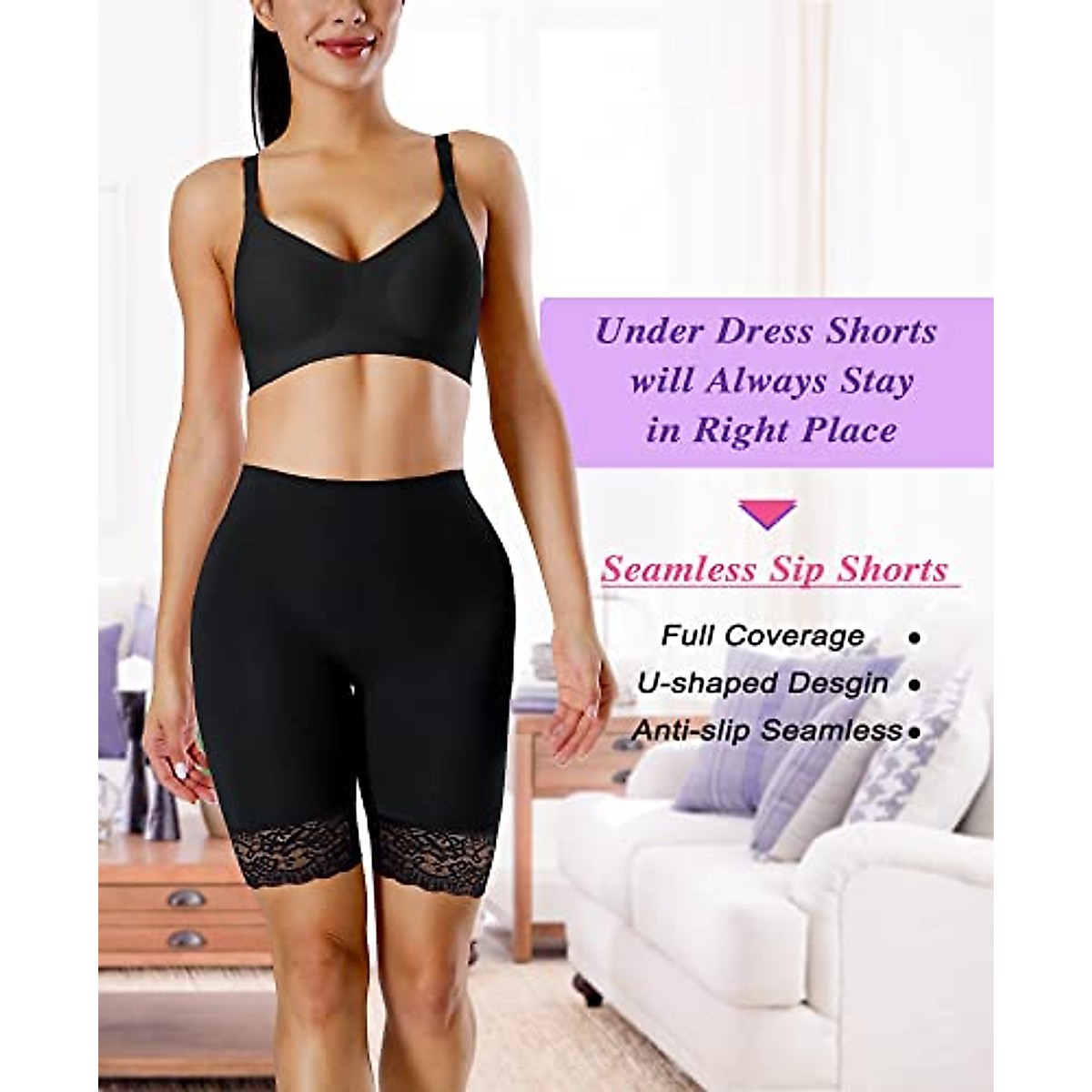 RILIAM 2 Pack Women Lace Slip Shorts for Under Dresses Smooth Seamless Anti-Chafing Underwear Spanks Thigh Slimmer(Black+Nude,X-Large)