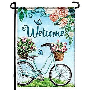 Home4Ever Spring Garden Flag - 12.5 x 18 inch Double - Sided Welcome Bicycle Front Yard Decor - Seasonal Welcome Bike outdoor Banner for House, Porch, Patio, lawn, deck, door - Suits Standard Stands