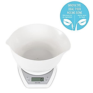 Salter Digital Electronic Kitchen Scales - 2 Litre Dual Pour Mixing Bowl, Perfect for Cooking, Baking, Food/Liquid Weighing, Easy Read Display, Metric/Imperial, 15 Year - White with White Bowl