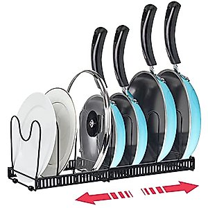 XSUPER Expandable Pot and Pan Organizer for Cabinet, Kitchen Pot Rack Organizer, Pans and Pots Lid Organizer Rack Holder with 7 Adjustable Compartments, Black
