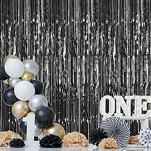 MEEZY 3Pack 3.2ft x 8.2ft Black Foil Fringe Curtains Backdrop Metallic Foil Tinsel Streamers with Black Balloons for Graduation Bachelorette Baby Shower Wedding Birthday Bridal Shower Party Decor