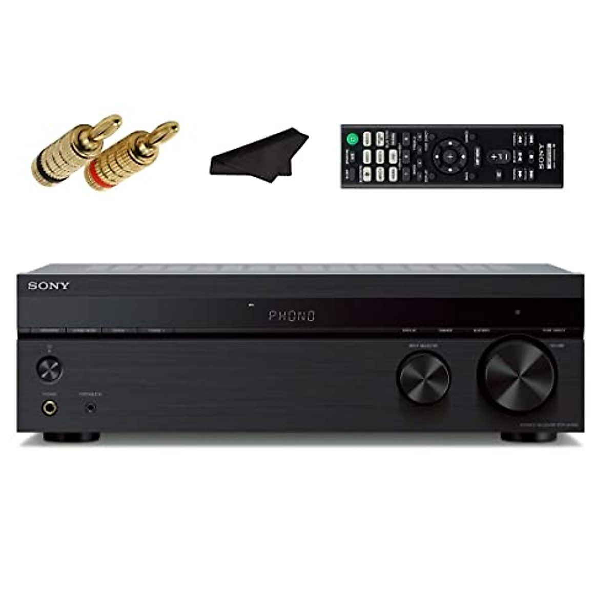 Sony STR-DH190 + Home Stereo Receiver, 2 Channel, Phono Inputs, 4 Audio Inputs, 3.5 Millimeter Input, Bluetooth, with 2 Kwalicable Closed Screw 24k Gold Plated Speaker Banana Plugs, Cleaning Cloth