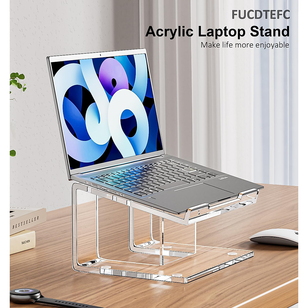 FUCDTEFC Acrylic Laptop Stand for Desk, Laptop Riser Tray for 13.3 14 15.6 Inch Clear Laptop Holder, Computer Stand for Laptop Compatible with MacBook, MacBook Pro, Dell, Lenovo, HP, Samsung