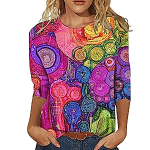 Women's 3/4 Length Sleeves Tops Fashion Art Painting Graphic Tshirts Fall Dressy Tee Shirt Loose Fit Trendy Blouse Hot Pink