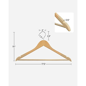 SONGMICS Velvet Wooden Hangers, Set of 20 Wooden Hangers with Velvet Surface, Non-Slip Coat Hangers with Shoulder Grooves, Pants Bar, 360° Swivel Hook, for Jackets Shirts, Natural UCRW012N02