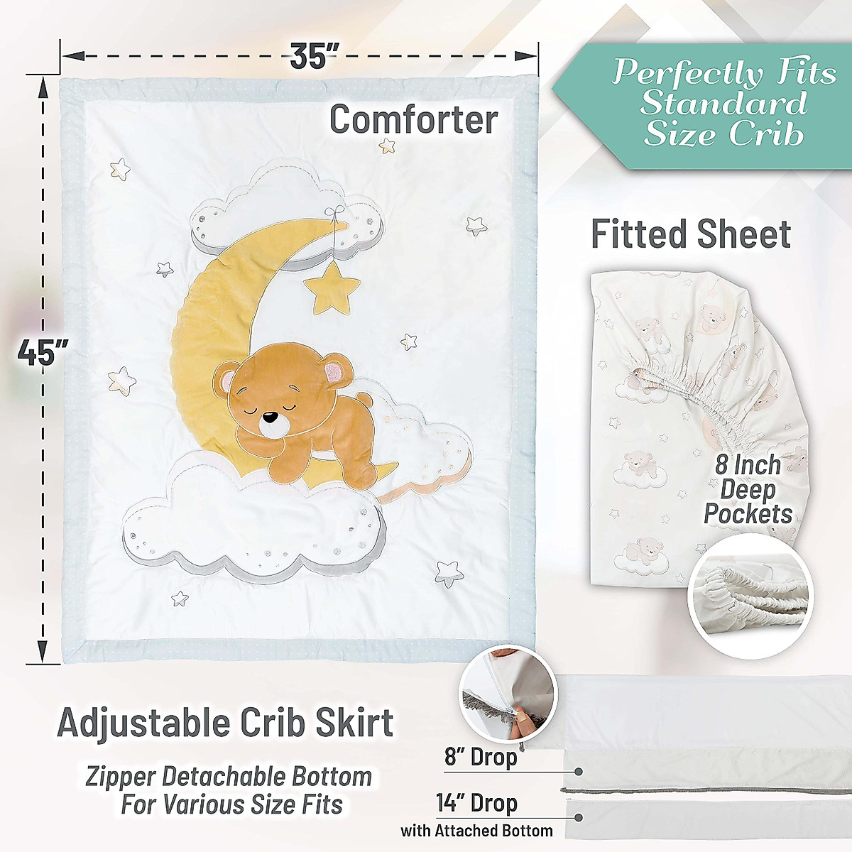 Mama Ana - Premium Quality 100% Cotton Crib Bedding Set for Baby Boys and Girls, 3-Piece Nursery Including Baby Comforter, Fitted Crib Sheet, and Adjustable Crib Skirt with Zipper