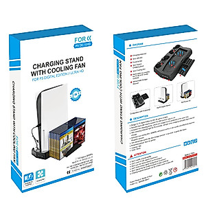 Cooling Fan Vertical Stand Compatible with Playstation 5 with DualSense Controller Charging Station and 14 Game Slots - 4 Thumbstick Caps Included
