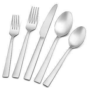 40-Piece Matte Silverware Set, E-far Stainless Steel Flatware Set Service for 8, Metal Cutlery Eating Utensils Tableware Includes Forks/Spoons/Knives, Square Edge