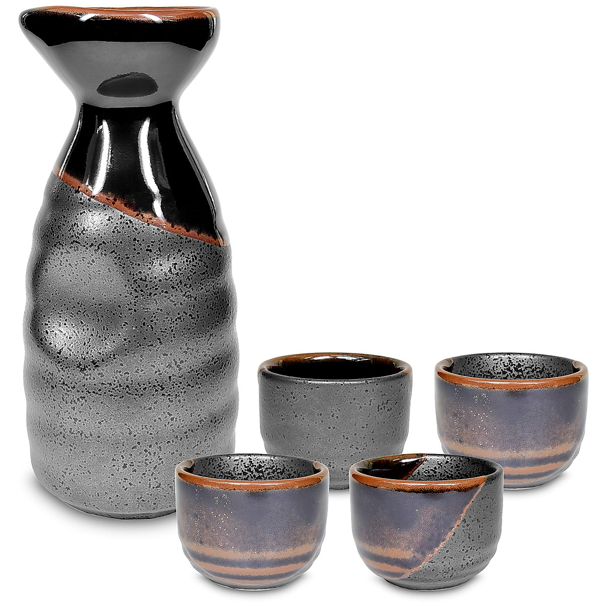 Product of Gifu Japan Mino Ware Traditional Japanese Sake Set, Tokkuri Bottle and 4 Ochoko Cups, Black Kuro Oribe