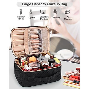 Relavel Travel Makeup Bag, Large Cosmetic Organizer Case Travel Toiletry Storage Train Case for Women and Girls, with Brush Compartment and Easy to Clean Lining, Black