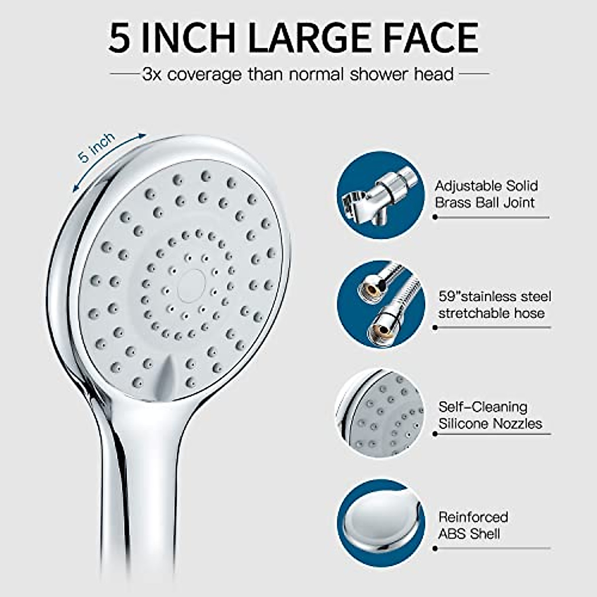 DOILIESE Shower Heads with Handheld Spray 5-Mode,Anti-clog Nozzles Shower Heads High Pressure,Hand Held Shower Head with Long Hose 60inch Chrome