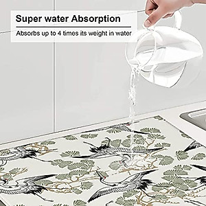 Japanese Crane & Pine Printed Drying Mat For Kitchen Ultra Absorbent Microfiber Dishes Drainer Mats Non-Slip Silicone Quick Dry Pad - 18 X 16inch