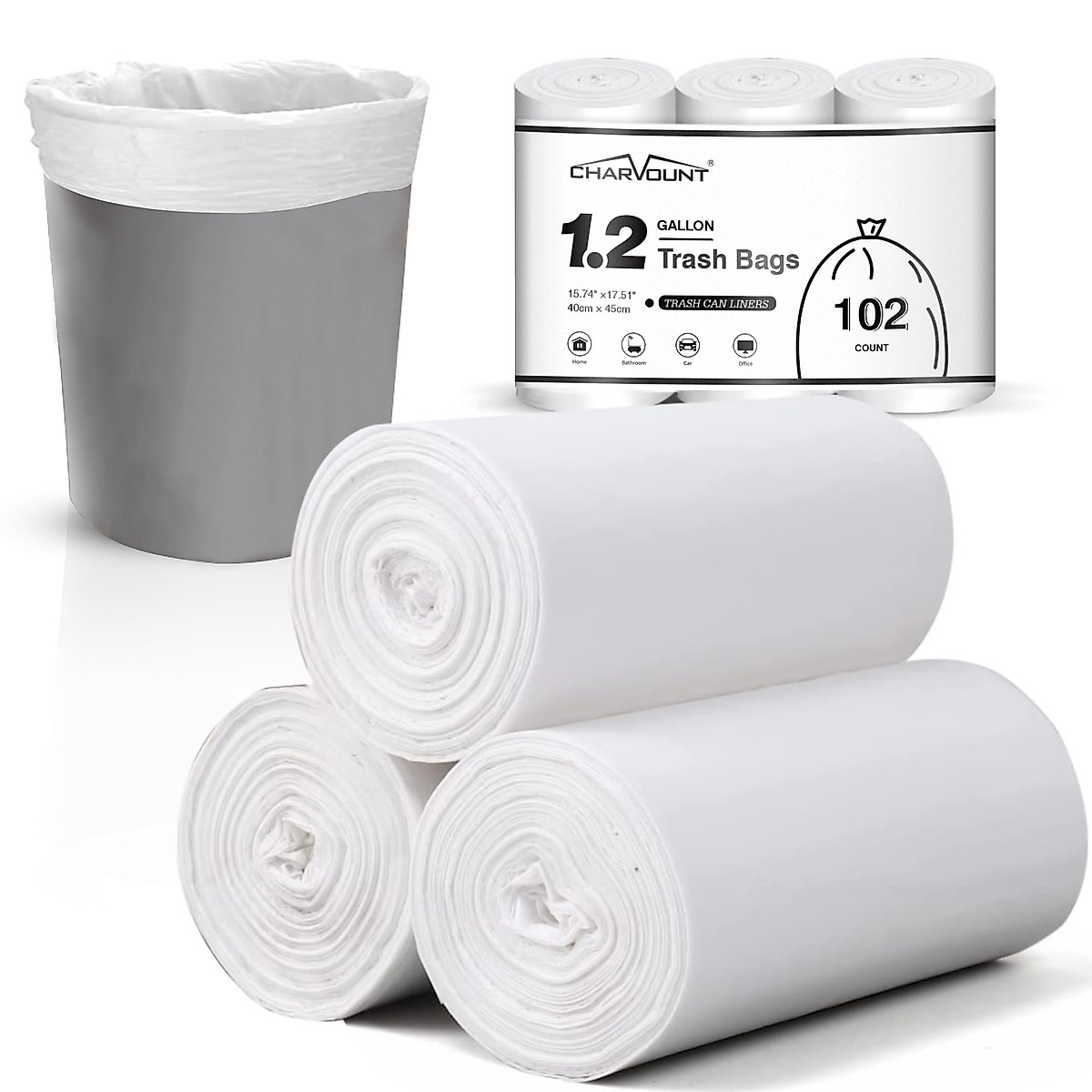 Charmount Small Trash Bags 1.2 Gallon, 102 Count Garbage Bags Bathroom Trash Can Liners,fit 4.5-5 Liter Clear