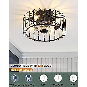 MIAOMEIO 13'' Low Profile Small Flush Mount Farmhouse Industrial Caged Ceiling Fan with Lights, 6 Speed Bladeless Black Ceiling Fan with Remote Control for Living Room, Bedroom, Kitchen (Black)