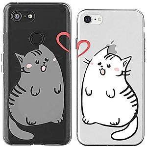 Toik Matching Couple Cases for Apple iPhone 11 Pro Xs Max Xr 10 X 8 Plus 7 6s 5s SE Cats Design Pets Lightweight Gray TPU Cute Gift Best Friend Boyfriend Anniversary BFFs White Adorable