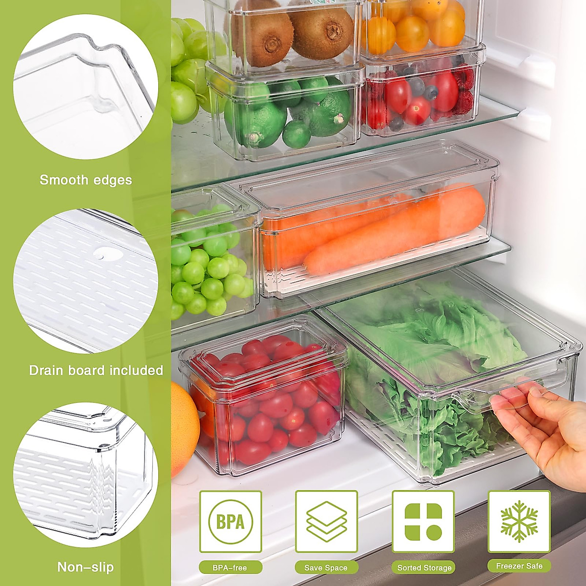 Moretoes 8 Pack Fridge Organizer Bins, Stackable Fridge Organizers with Lids, BPA-Free Clear Storage Bins for Fridge, Freezer, Kitchen, Cabinet, Pantry