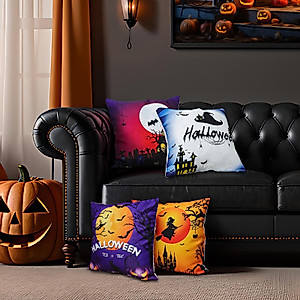 Mordx Halloween Pillow Covers Square 18x18 Set of 4,Fall Decorative Throw Pillow Covers Pillowcase for Happy Halloween Moon Night Bat Crow Spider Web