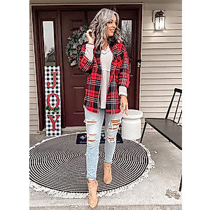 BTFBM Women's Long Sleeve Button Down Jackets Plaid Flannel Shirts Tops Casual Lapel V Neck Oversized Shackets Blouses Top (X-Large, Plaid Print Red)