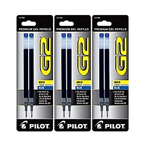 Pilot G2 Gel Ink Pen Refills, Bold Point, 1.0mm, Blue Ink, 6 Refills