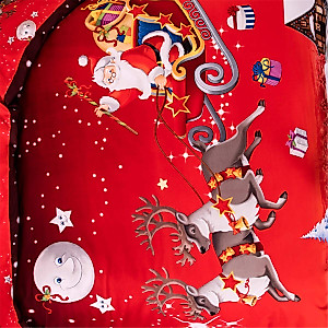 WONGS BEDDING Christmas Duvet Cover Twin Size, Reversible Santa Claus Elk Pattern Duvet Covers with Zipper Closure for Kids Teens Adults, Soft Microfiber Red Christmas Duvet Bedding Set (Red, 2PC)