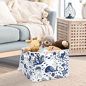 ALAZA Storage Bins Organizer Box Baskets Lidded Clothes for Shelves Closet Underwater Jellyfish Starfish Turtles Collapsible Stackable Storage Cubes Handles