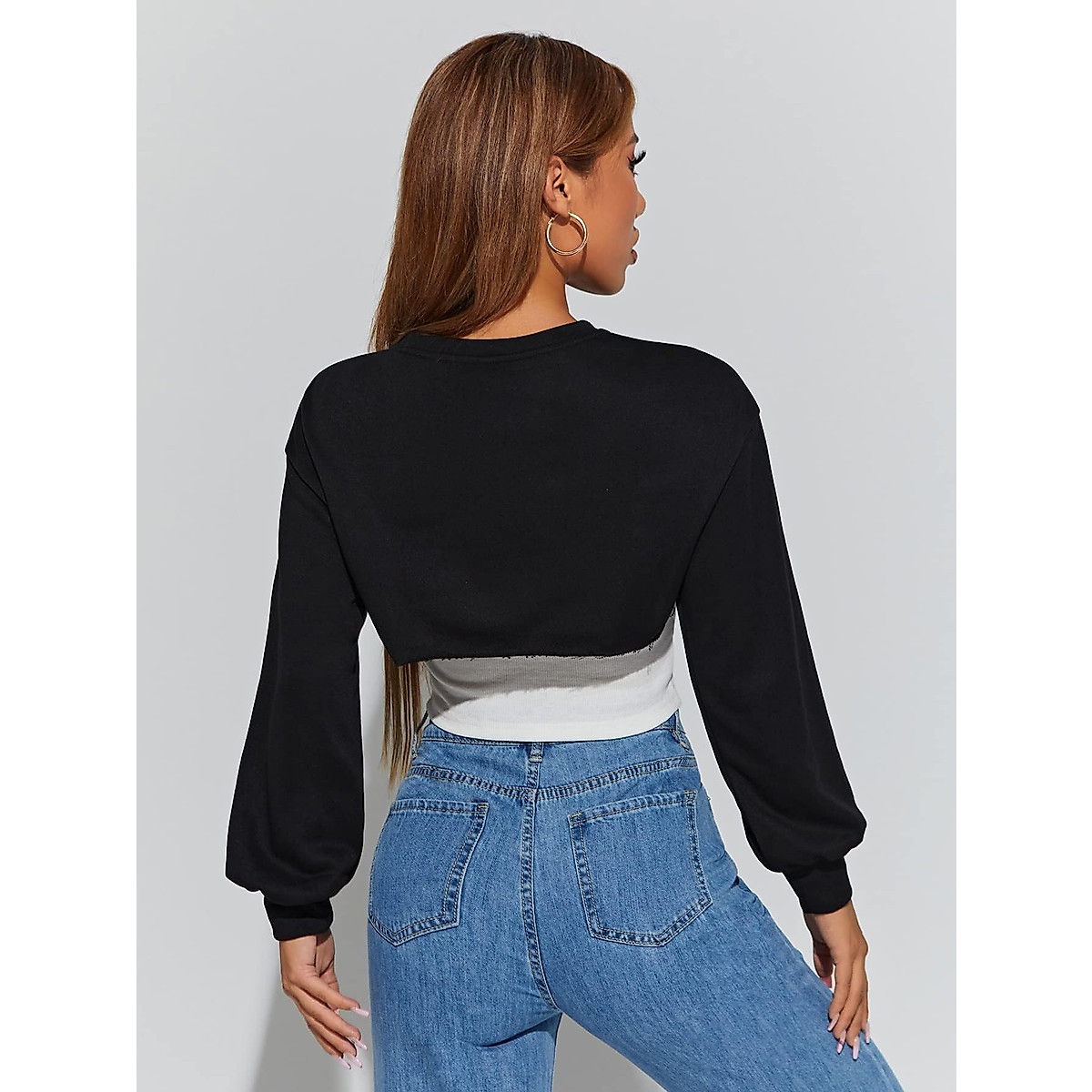 LovelyWholesale Womens Crewneck Cropped Sweatshirt Long Sleeve Super Crop Top Workout Gym Aesthetic Sweat Shirt Black Small