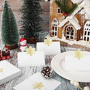 Whaline 100Pcs Christmas Place Cards 3.5 x 2 Inch Gold Snowflake Blank Tented Cards Seating Name Cards for Xmas Winter Party Table Setting Supplies
