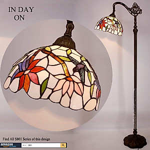 WERFACTORY Tiffany Floor Lamp Hummingbird Flower Stained Glass Arched Lamp 12X18X64 Inches Gooseneck Adjustable Corner Standing Reading Light Decor Bedroom Living Room S801 Series