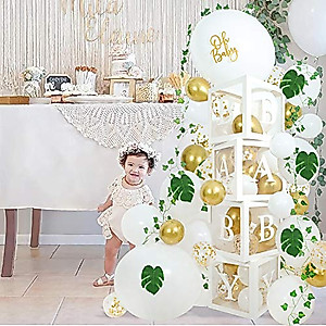 Baby Shower Balloon Boxes Party Decorations, Oh Baby Party Balloon Boxes White and Gold Balloons Palm Leaves Ivy Garland for Oh Baby Shower Party Decorations Boy Girls