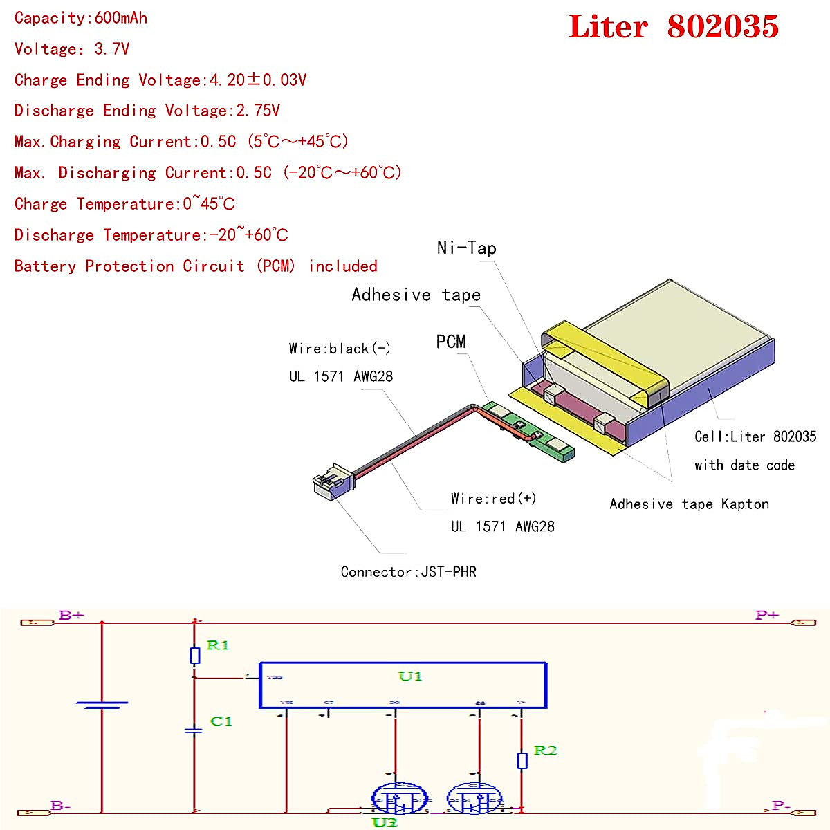 Liter Energy Battery 3.7V Lipo Battery 600mAh Rechargeable Lithium ion Polymer Battery 802035 Lithium Polymer ion Battery with JST Connector