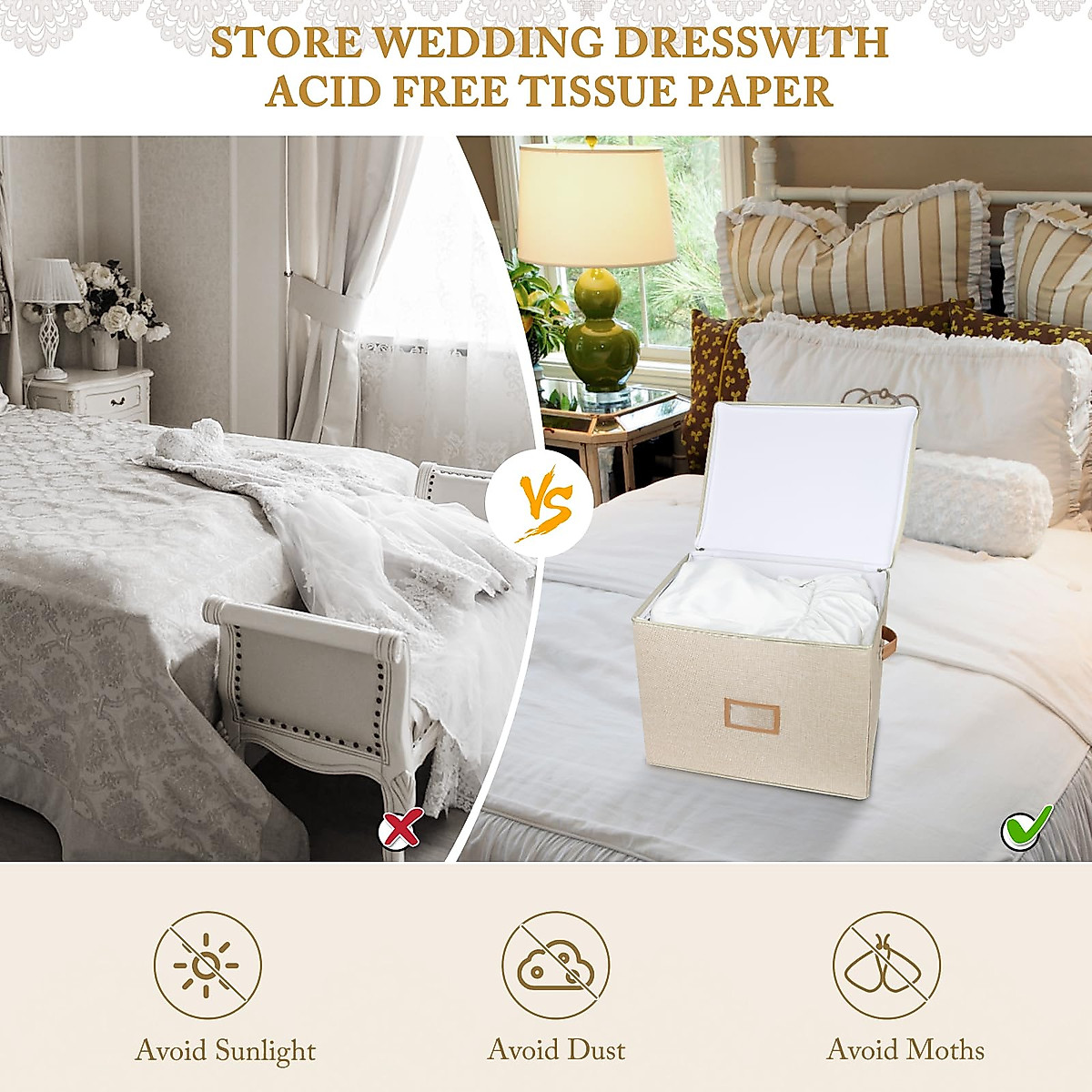 Lukeline Wedding Dress Storage Box, Wedding Dress Preservation Box with Lid, Foldable Acid-Free Organizer with 1 Pair of Microfiber Gloves and 20 Sheets of Acid-Free Paper (1, Medium)