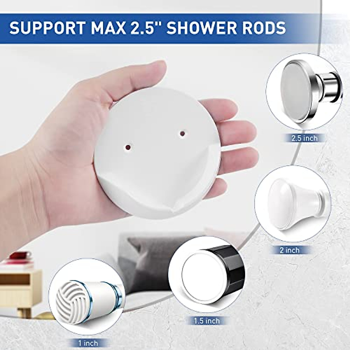 Shower Curtain Rod Holders for Wall – Adhesive Bathroom Tension Rod Retainer with Deeper Bracket Include Strong Tape for No Drilling Quick Mount and 304 Screws for Permanent Installation (Gloss White)