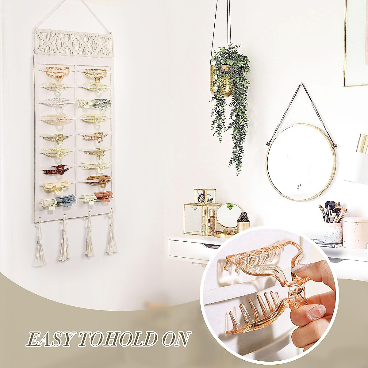 PABOBIT Claw Clip Organizer, Felt Hanging Hair Clip Organizer and Storage for Women, Macrame Claw Clip Holder Boho Decor for Wall, Door, Closet